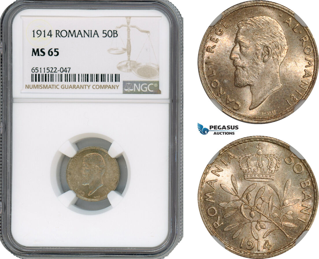 AI169, Romania, Carol I, 50 Bani 1914, Silver, NGC MS65 - Pegasus Auctions