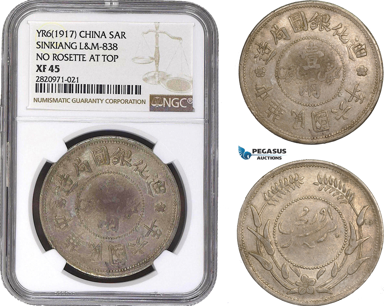 AB861, China, Sinkiang, Sar Yr 6 (1917) L&M 838 No rosette at top, Tihwa, Silver, NGC XF45 ...