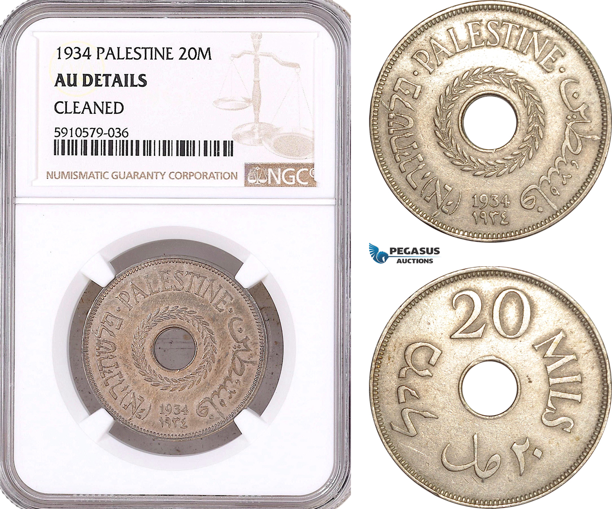 AF978, Palestine, 20 Mils 1934, London, NGC AU Det., Rare! - Pegasus ...