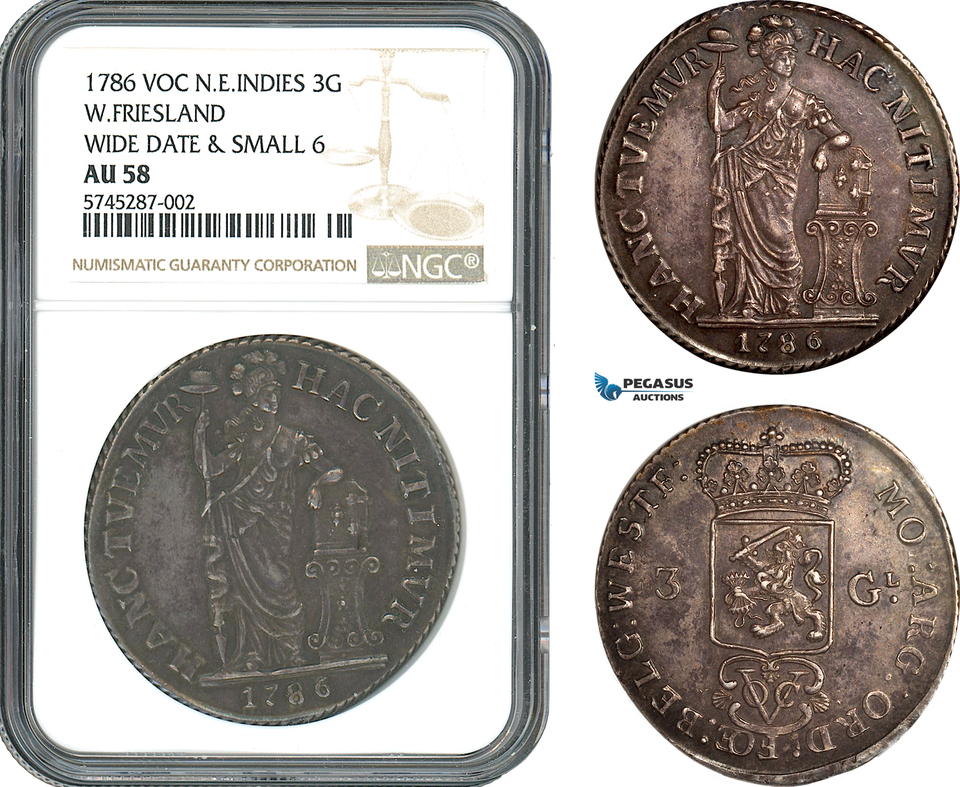 AH430, Netherlands East Indies, VOC, 3 Gulden 1786, West Friesland Arms, Wide Date & Small 6 ...